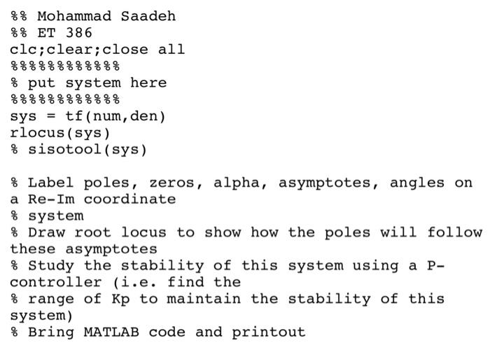 Solved %% Mohammad Saadeh %% ET 386 clc ; clear;close all | Chegg.com