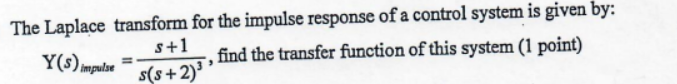 Solved The Laplace transform for the impulse response of a | Chegg.com