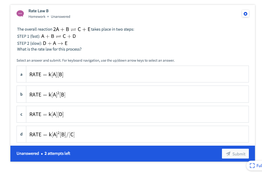 Solved The overall reaction 2A +B=C+ E takes place in two | Chegg.com