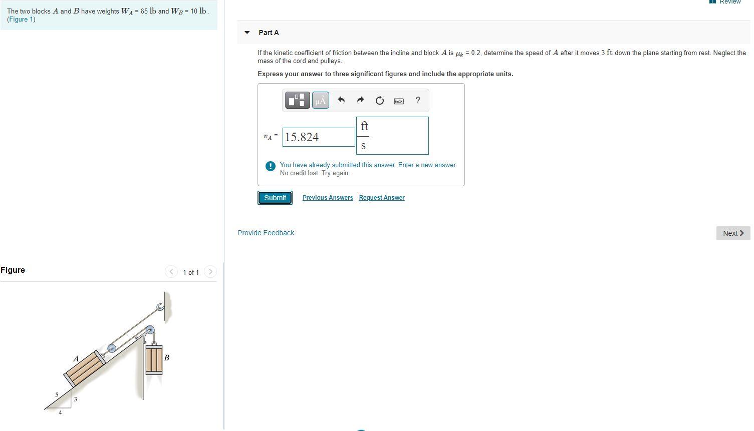 Solved Review The two blocks A and B have weights WA = 65 lb | Chegg.com