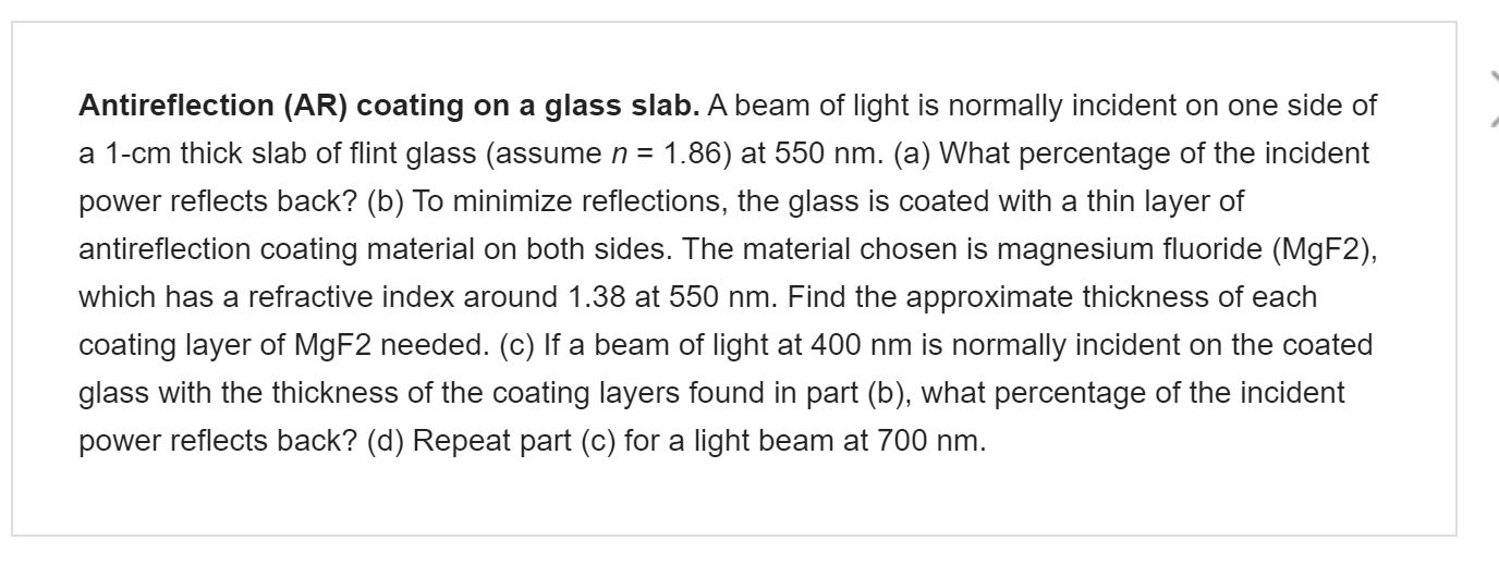 Solved Antireflection (AR) coating on a glass slab. A beam | Chegg.com