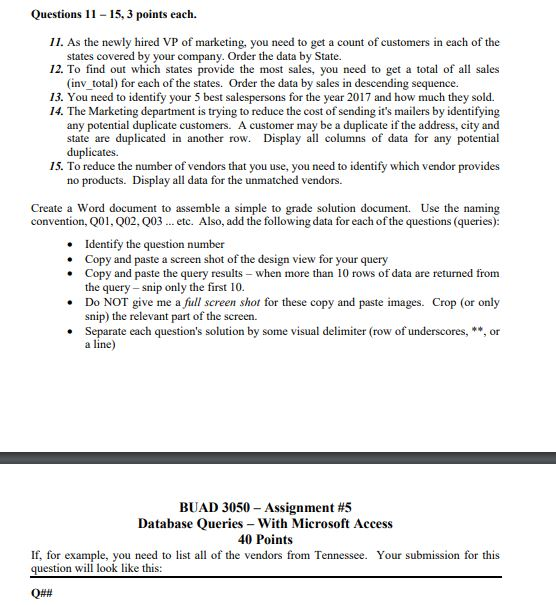BUAD 3050 Assignment # 5 Database Queries With | Chegg.com