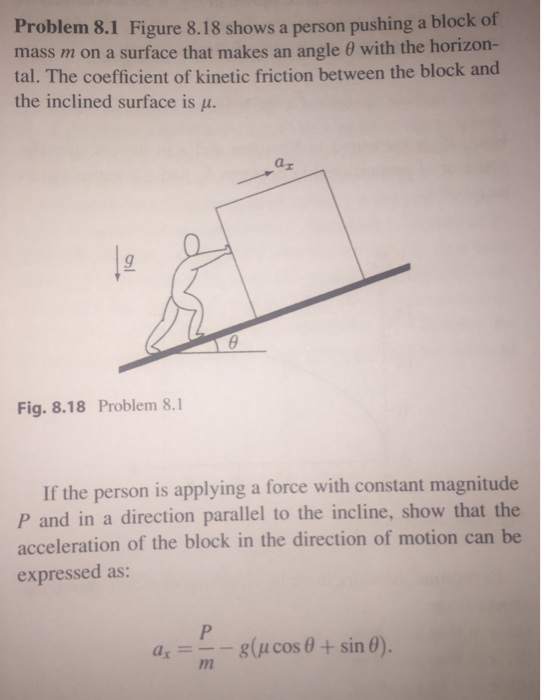 Solved Shows a person pushing a block of Figure mass m on a | Chegg.com