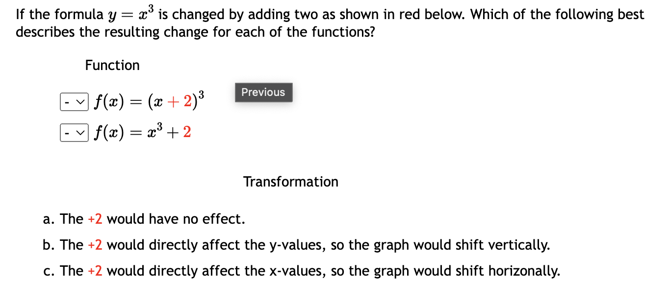 Solved If the formula y=x3 is changed by adding two as shown | Chegg.com