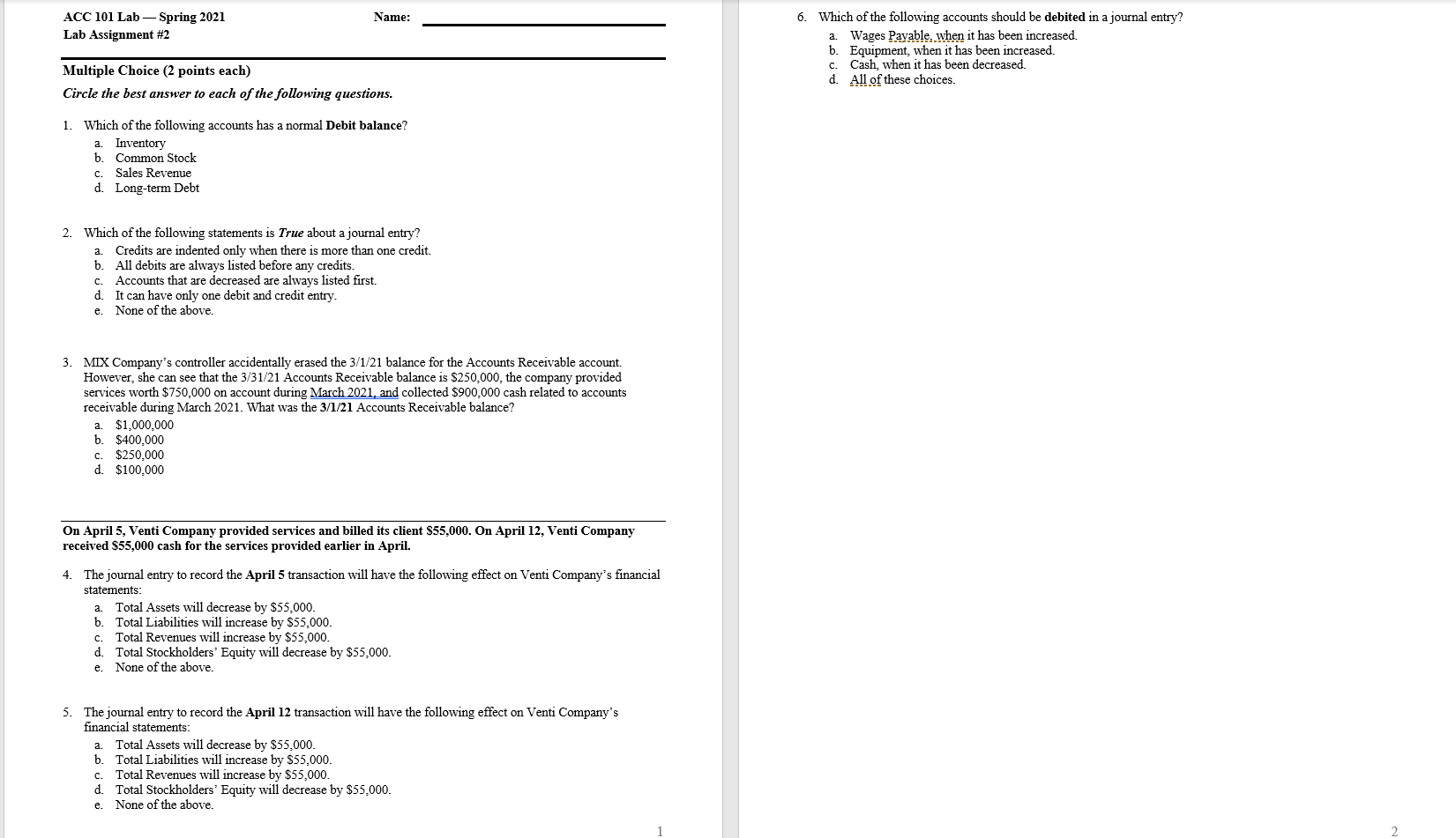 Solved Name: ACC 101 Lab — Spring 2021 Lab Assignment #2 6. | Chegg.com