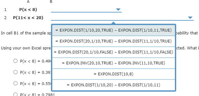 Solved 8. Using Excel - Exponential probabilities Consider | Chegg.com