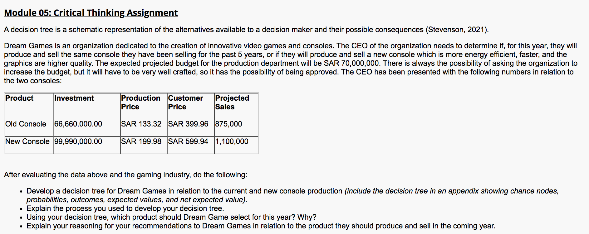 Solved Module 05: Critical Thinking Assignment A decision | Chegg.com