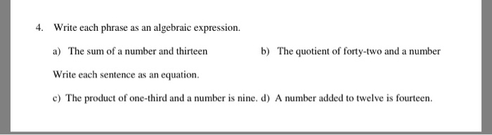 Solved 4. Write each phrase as an algebraic expression. a) | Chegg.com