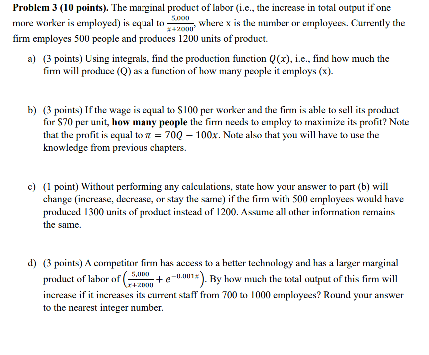 Solved Problem 3 (10 ﻿points). ﻿The marginal product of | Chegg.com