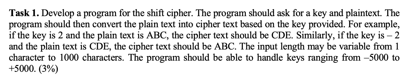 Solved Task 1. Develop a program for the shift cipher. The | Chegg.com