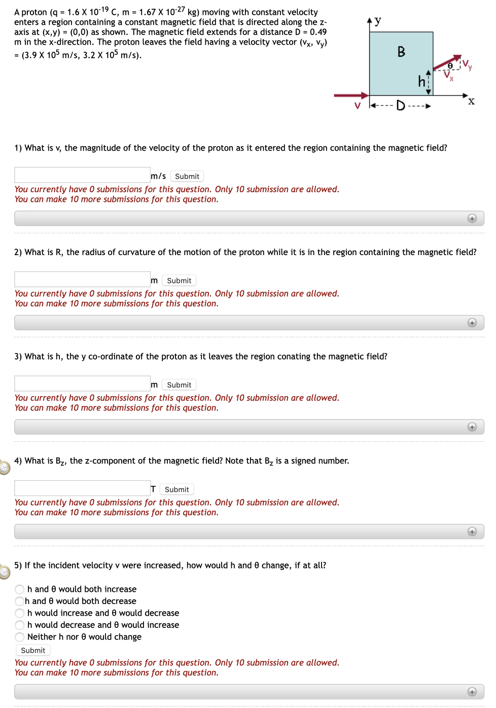 Solved y у A proton (a = 1.6 X 10-19 C, m = 1.67 X 10-27 kg) | Chegg.com