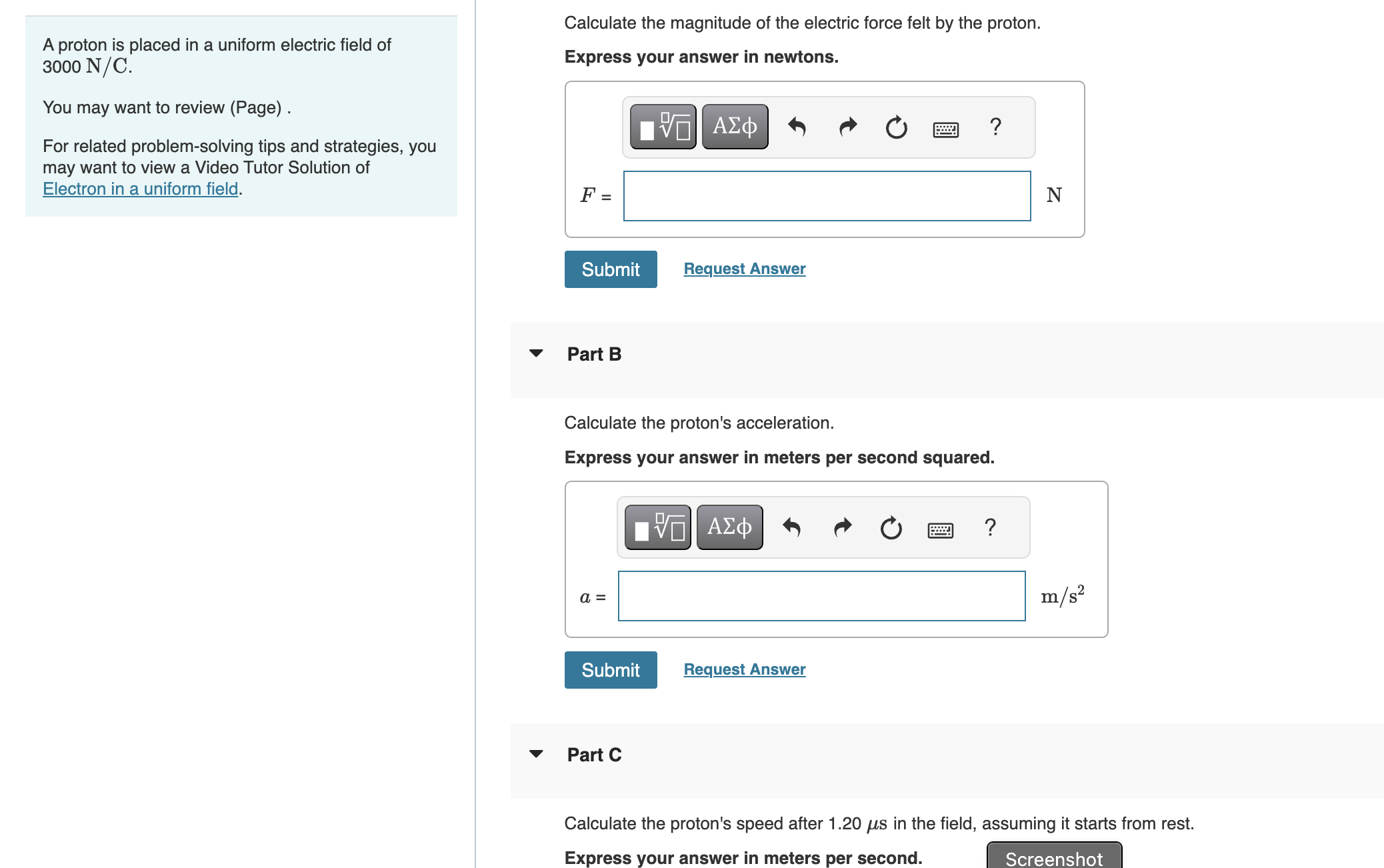 Solved A proton is placed in a uniform electric field | Chegg.com