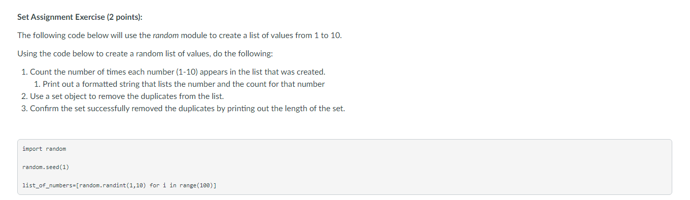 Solved Set Assignment Exercise (2 points): The following | Chegg.com