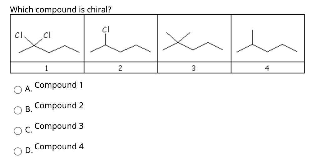 Solved Which compound is chiral? CI CI X Х 1 2 3 4 A. | Chegg.com