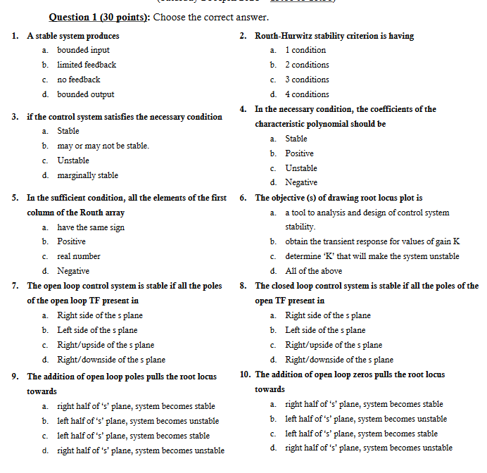 Solved Question 1 (30 points): Choose the correct answer. 1. | Chegg.com