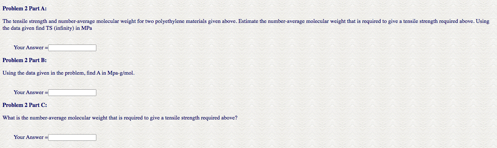 Solved = Data for Problem 2 Required Tensile Strength (MPa) | Chegg.com