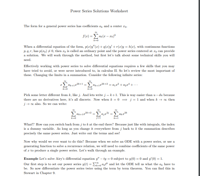 Solved Power Series Solutions Worksheet The form for a | Chegg.com