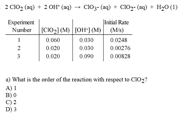 Solved 2ClO2(aq)+2OH−(aq)→ClO3−(aq)+ClO2−(aq)+H2O a) What is | Chegg.com