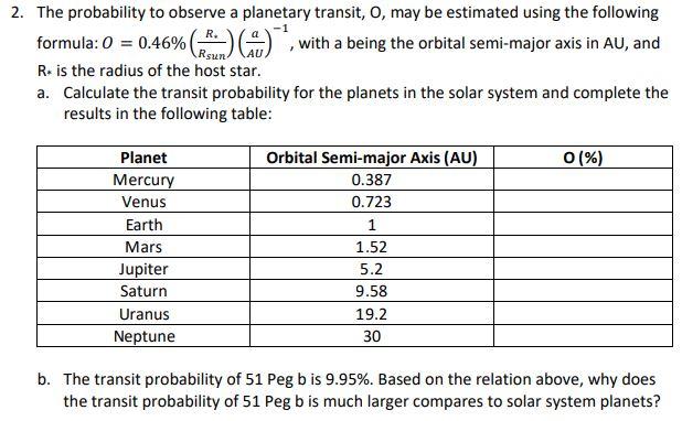 Solved 2. The probability to observe a planetary transit, 0 | Chegg.com