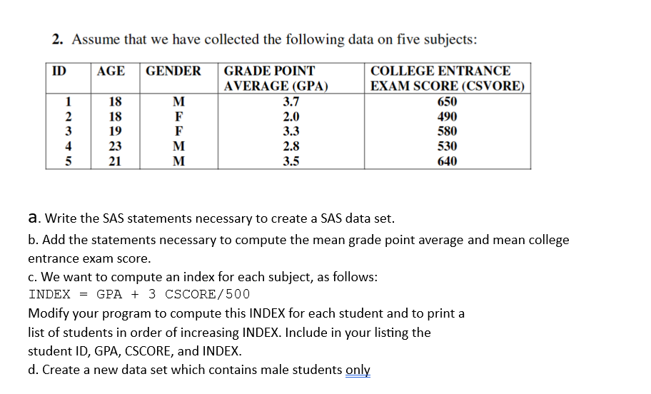 Solved 2. Assume that we have collected the following data | Chegg.com