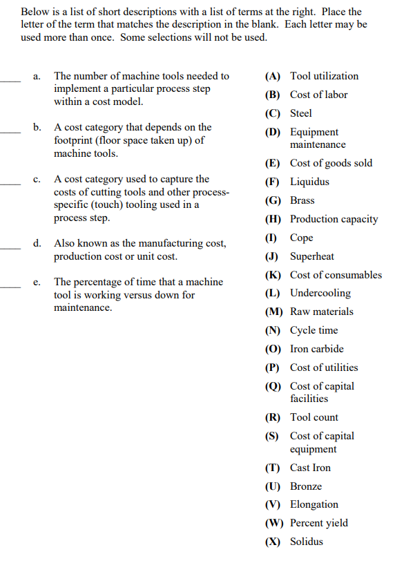 Solved Below is a list of short descriptions with a list of | Chegg.com