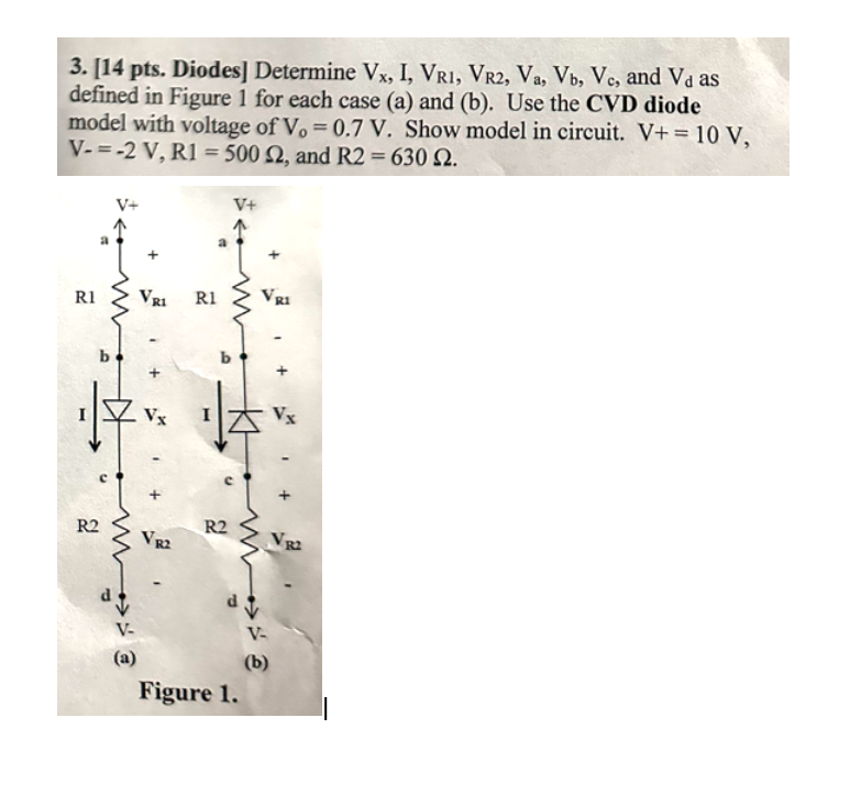 Solved [14 pts. ﻿Diodes] ﻿Determine Vx,I,VR1,VR2,Va,Vb,Vc, | Chegg.com