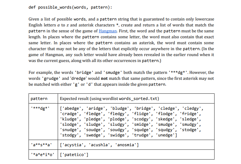 Solved def possible_words (words, pattern): Given a list of | Chegg.com