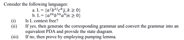 Solved Consider the following languages: a. L= {alb2icklj,k | Chegg.com