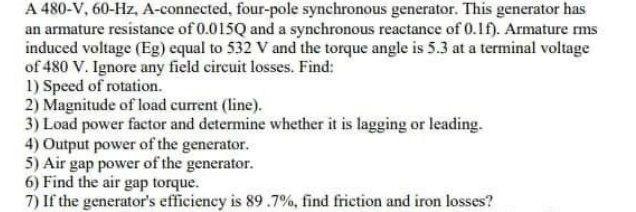 Solved A 480-V, 60-Hz, A-connected, four-pole synchronous | Chegg.com