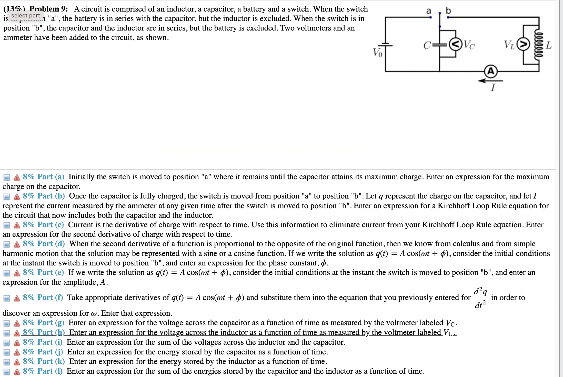 Solved (13\%) Problem 9: A circuit is comprised of an | Chegg.com
