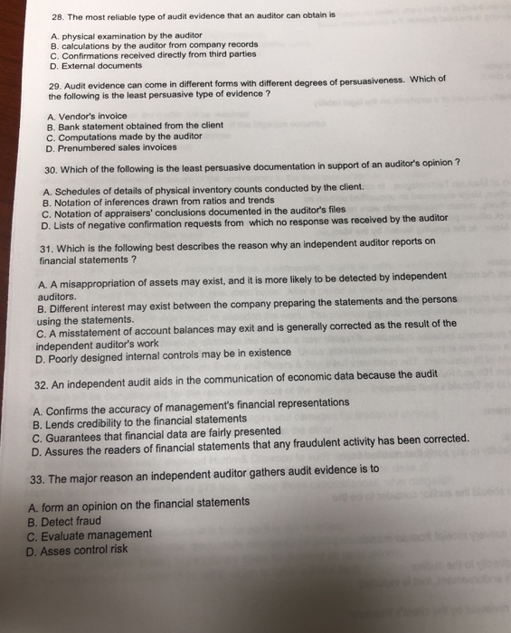 Solved 28. The most reliable type of audit evidence that an | Chegg.com