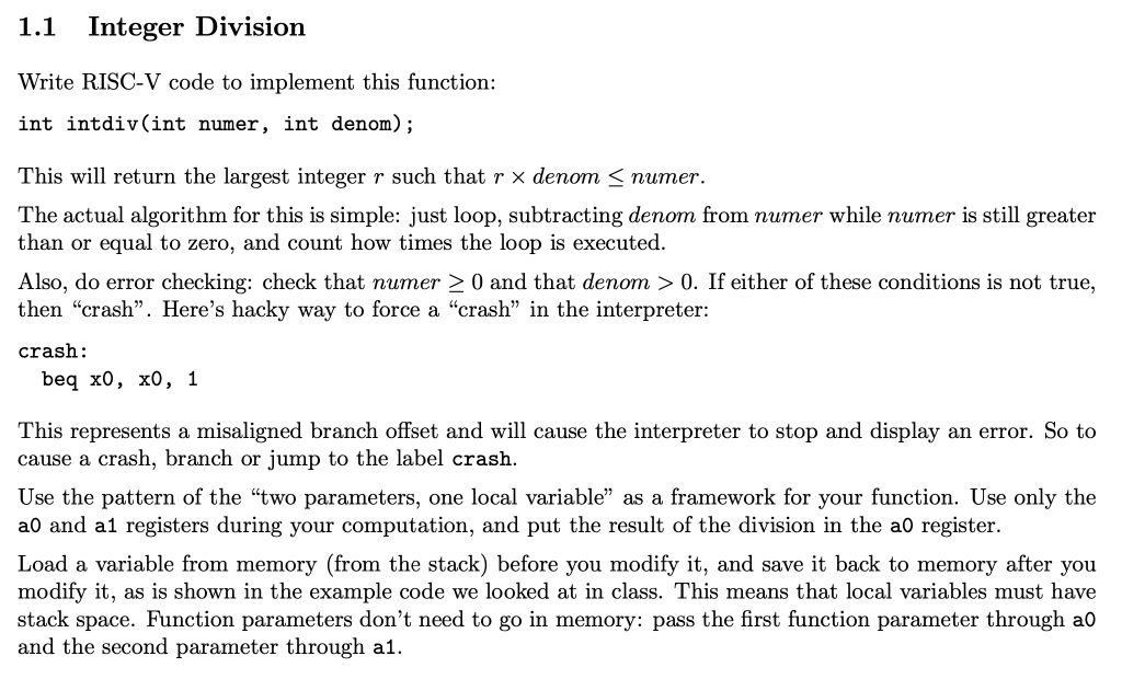 1.1 Integer Division Write RISC-V code to implement | Chegg.com