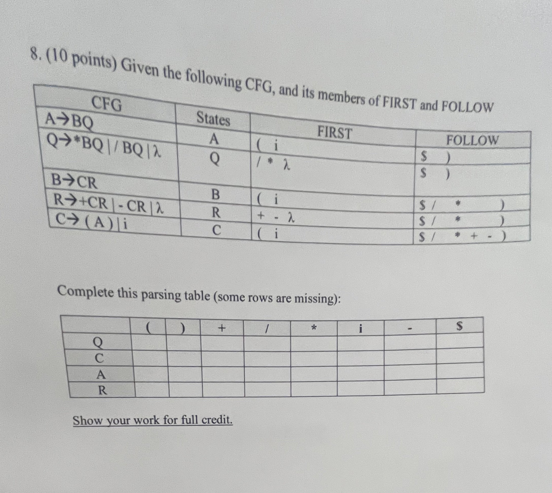 Solved 8 10 Points Given The Following Cfg And 
