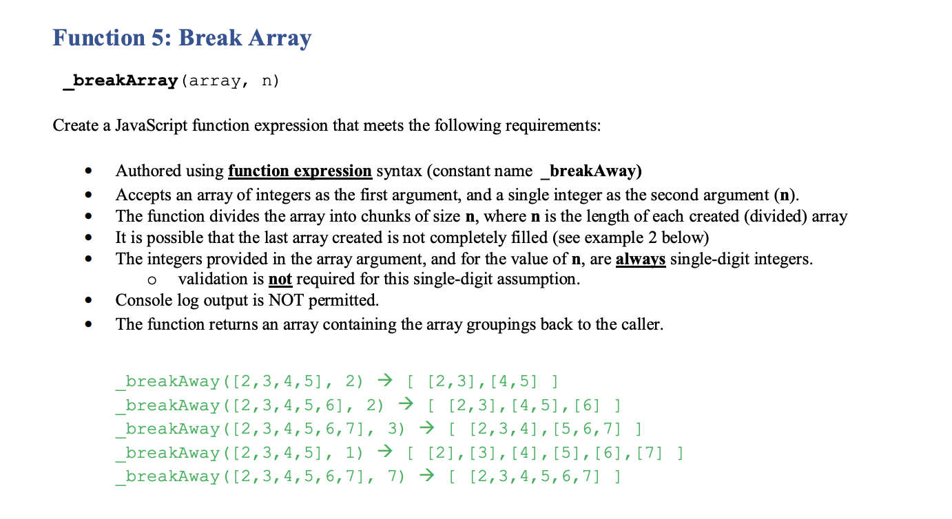 Solved Function 5: Break Array _breakArray (array, n) Create | Chegg.com