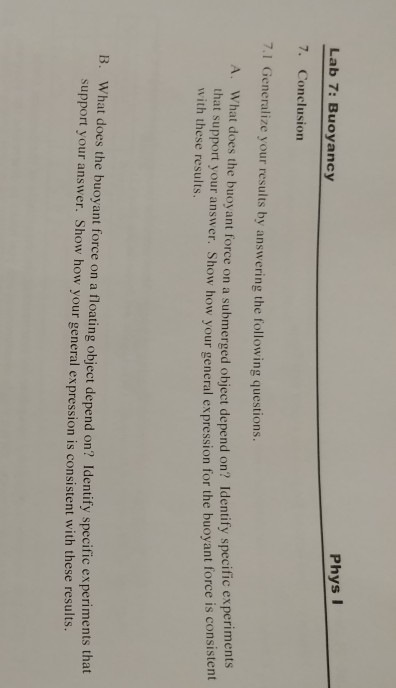 Solved Phys I Lab 7: Buoyancy 7. Conclusion 7.1 Generalize | Chegg.com