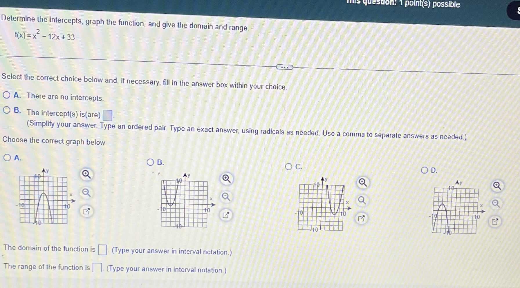 Solved Determine the intercepts, graph the function, and | Chegg.com