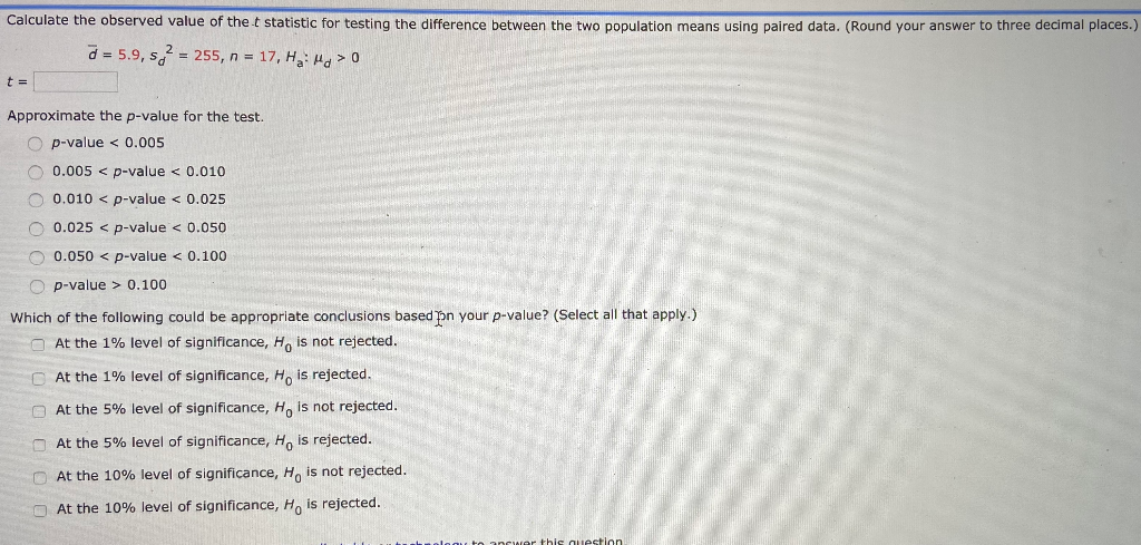 Solved Calculate the observed value of the statistic for | Chegg.com