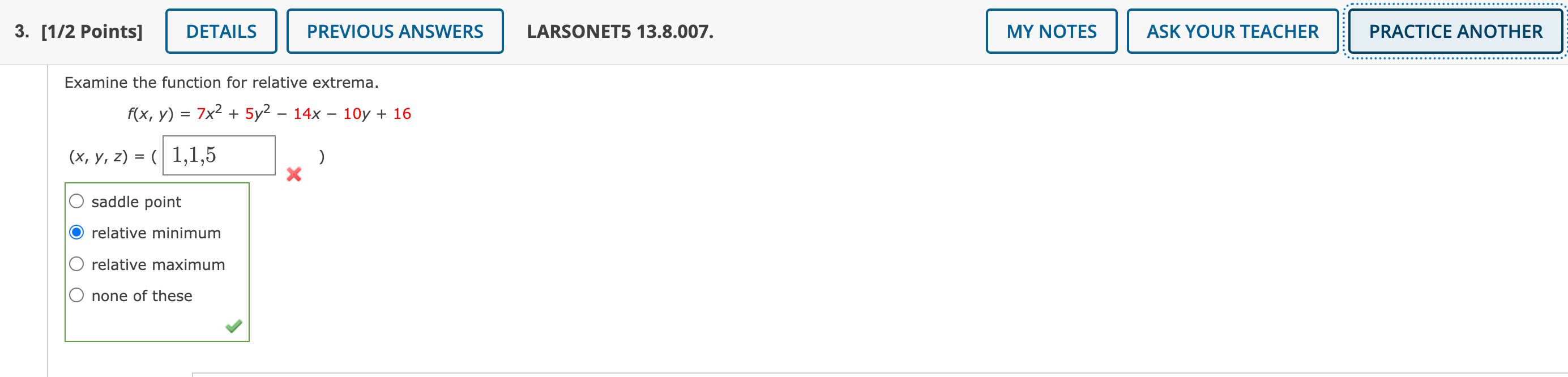 Solved Examine the function for relative extrema. | Chegg.com