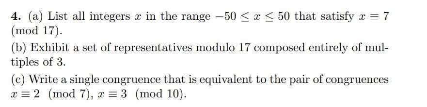 Solved 4. (a) List all integers x in the range −50≤x≤50 that | Chegg.com
