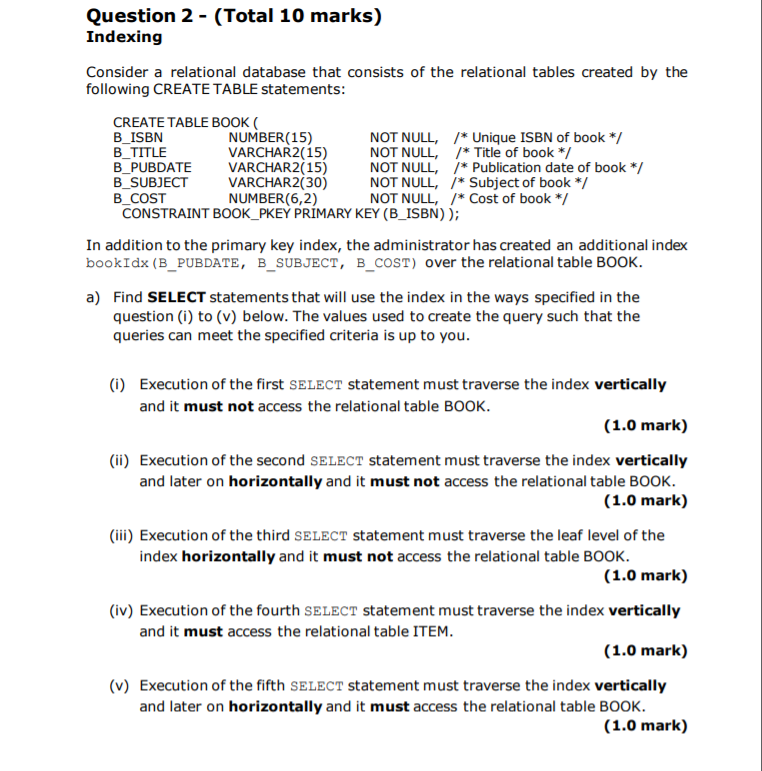 Solved Question 2 - (Total 10 marks) Indexing Consider a | Chegg.com