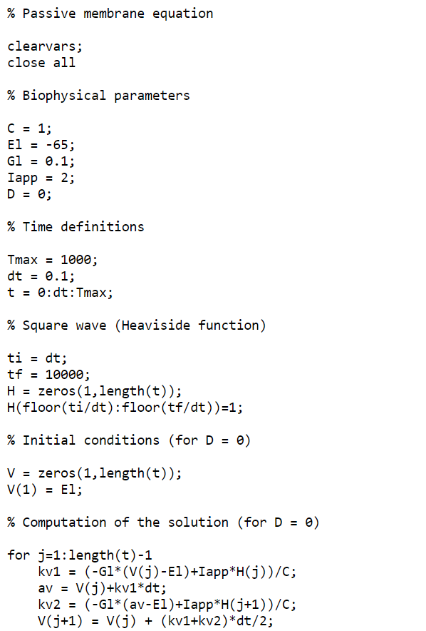 Solved % Passive membrane equation clearvars; close all % | Chegg.com