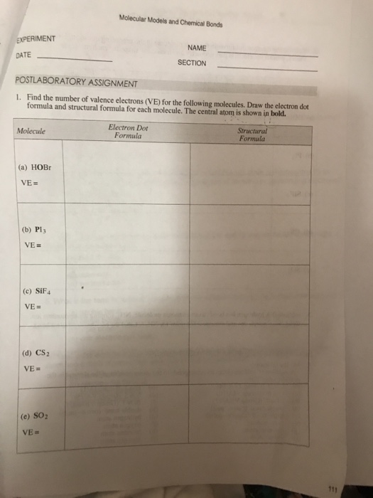 Solved Molecular Models and Chemical Bonds EXPERIMENT DATE | Chegg.com