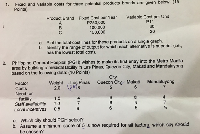Solved 1. Fixed and variable costs for three potential | Chegg.com