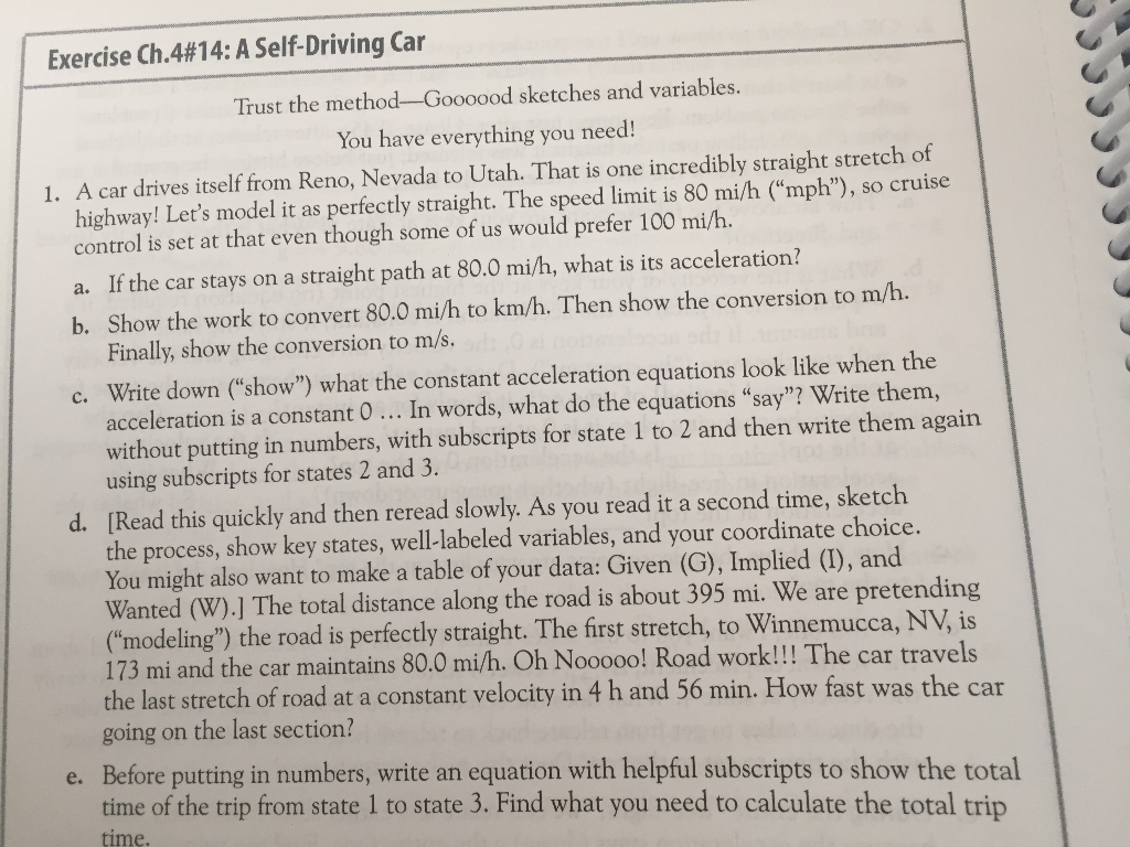 Solved Exercise Ch.4#14: A Self-Driving Car Trust the method | Chegg.com