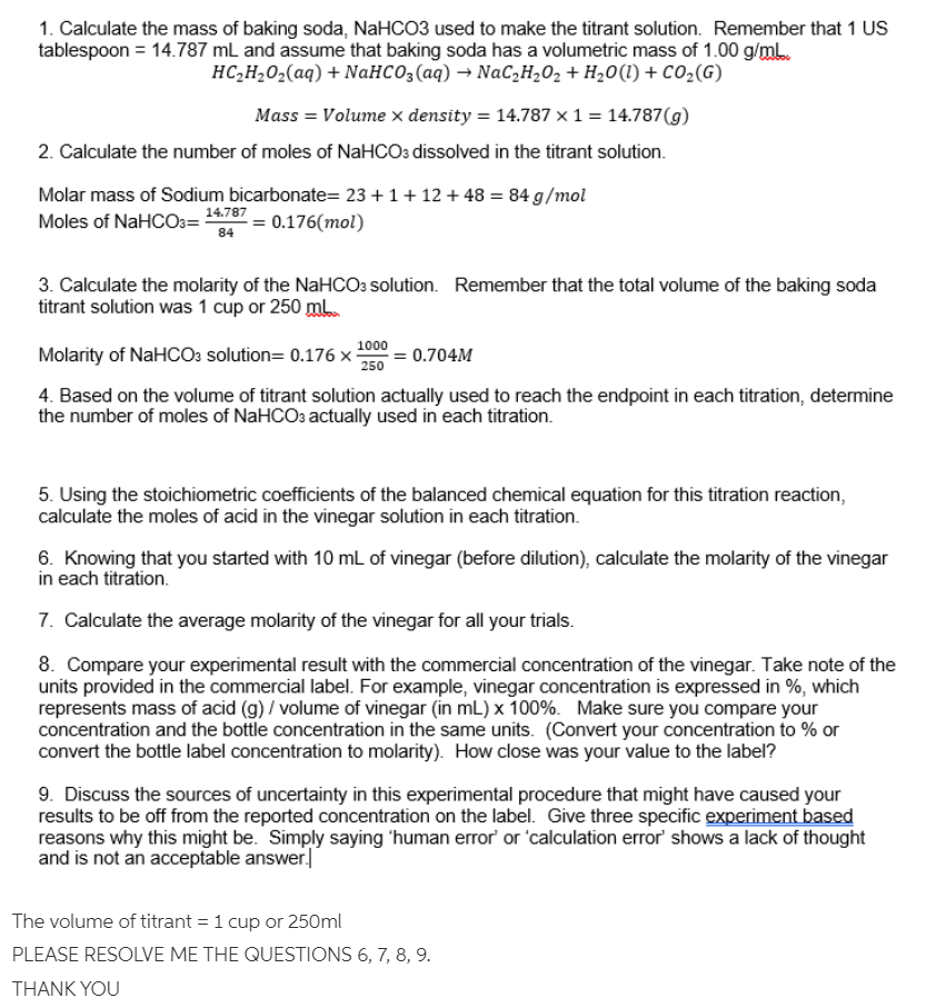 Solved 1. Calculate the mass of baking soda, NaHCO3 used to | Chegg.com