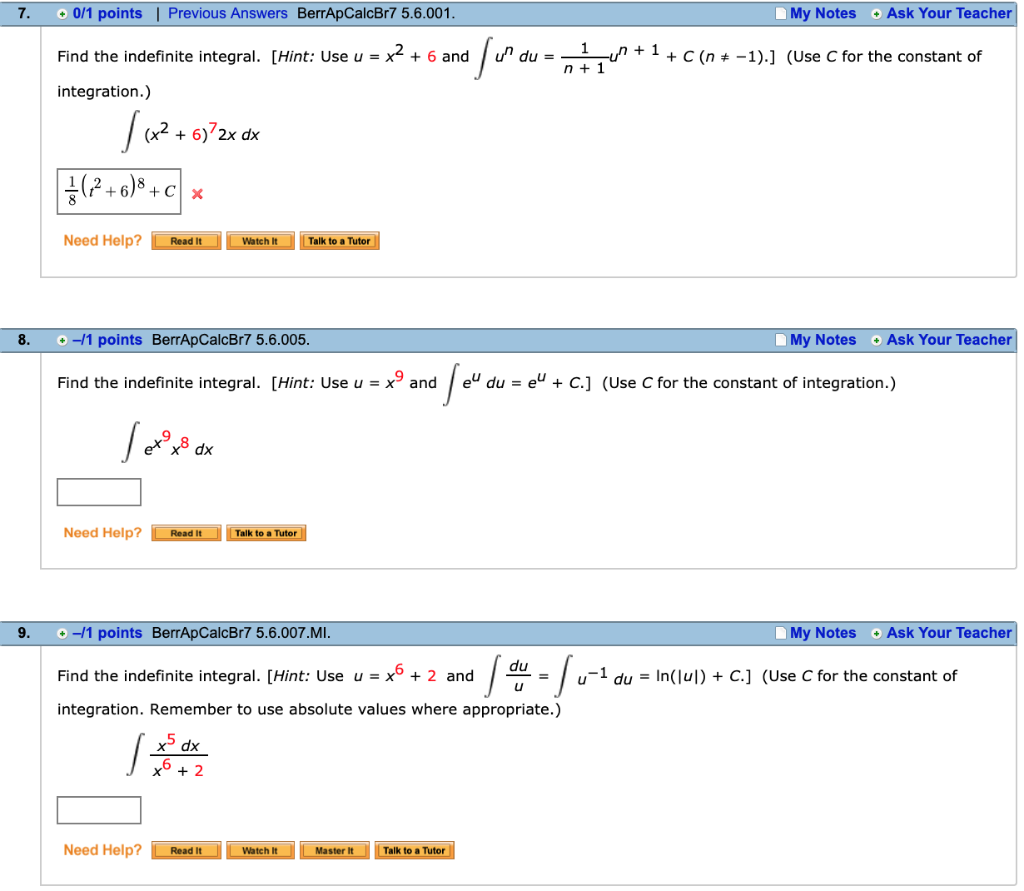 Solved 7. 0/1 points I Previous Answers BerrApCalcBr7 | Chegg.com