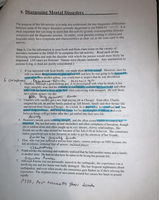 Solved 8. Diagnosing Mental Disorders The purpose of this | Chegg.com