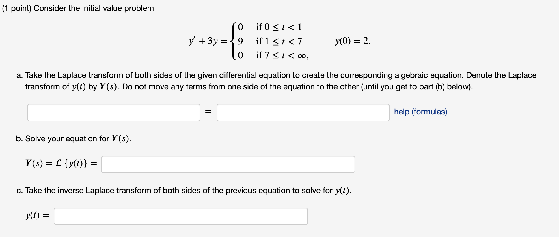 Solved (1 point) Consider the initial value problem y' + 3y | Chegg.com