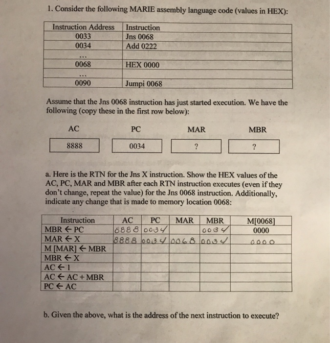 1. Consider the following MARIE assembly language | Chegg.com