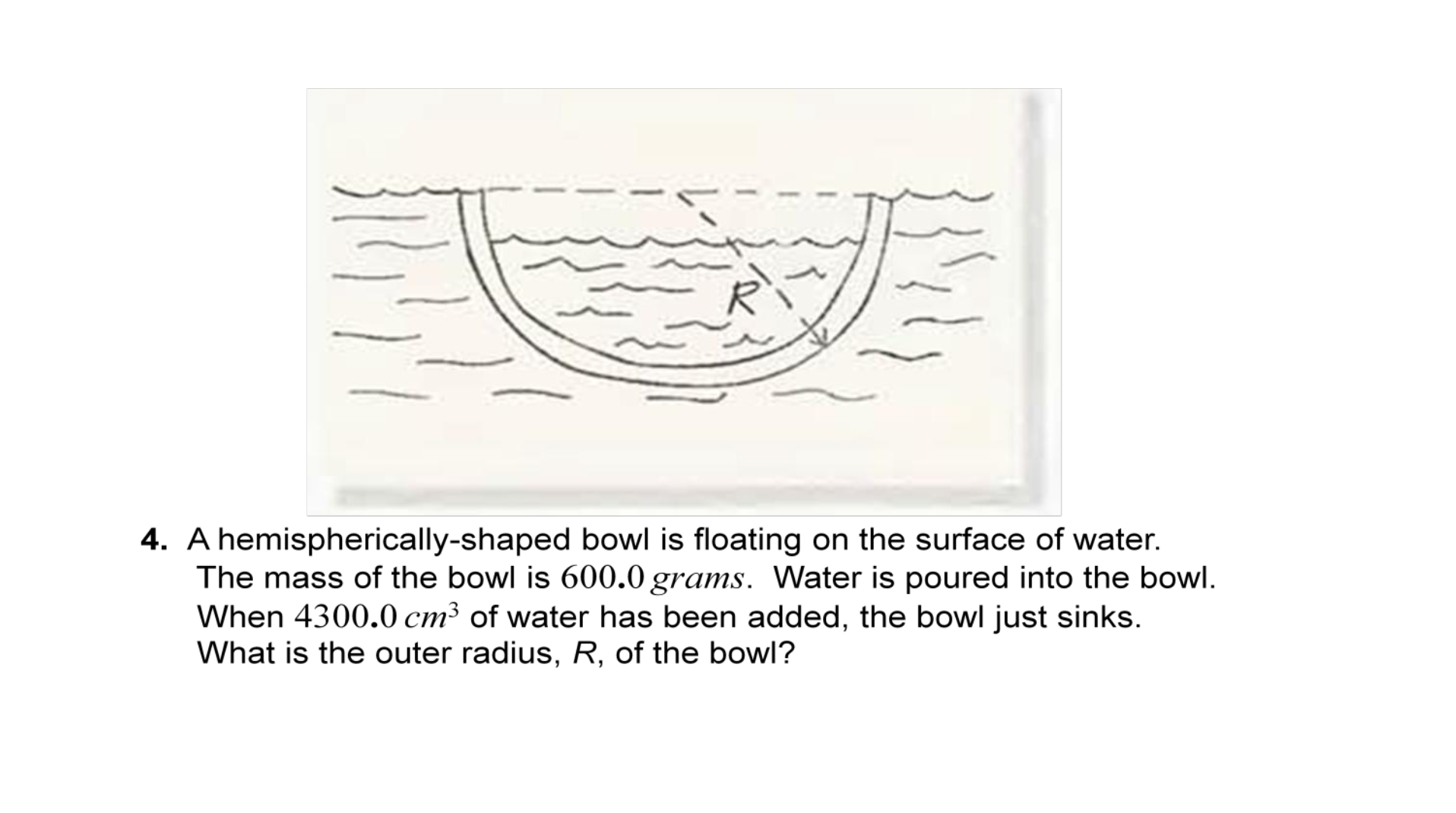 Solved 4. A hemispherically-shaped bowl is floating on the | Chegg.com
